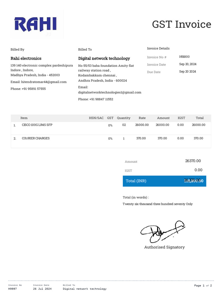 Invoice h9997 Rahi Electronics Digital Network Technology | PDF ...