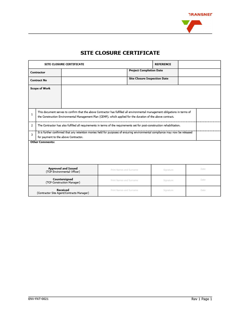 Site Closure Certificate (ENV-FAT-0021) | PDF | Technology & Engineering