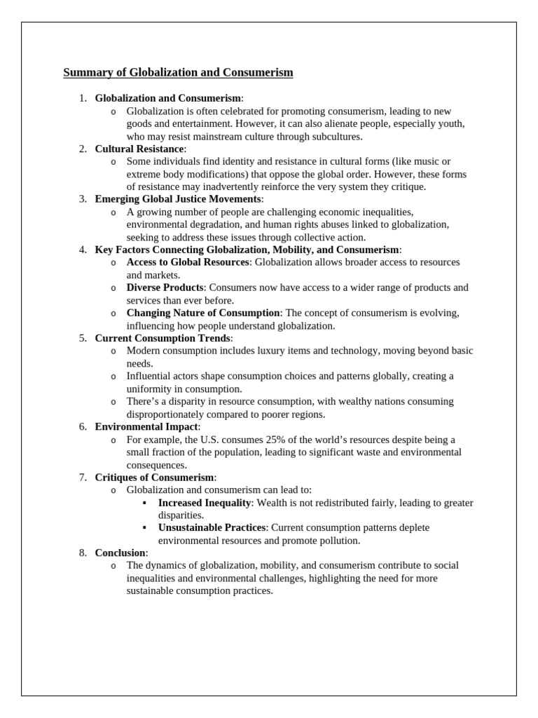 Summary of Globalization and Consumerism | PDF | Consumerism ...
