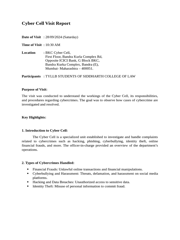 Cyber Cell Visit Report | PDF | Cybercrime | Justice
