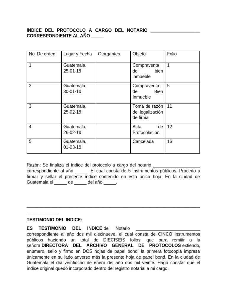 Indice Del Protocolo A Cargo Del Notario | PDF