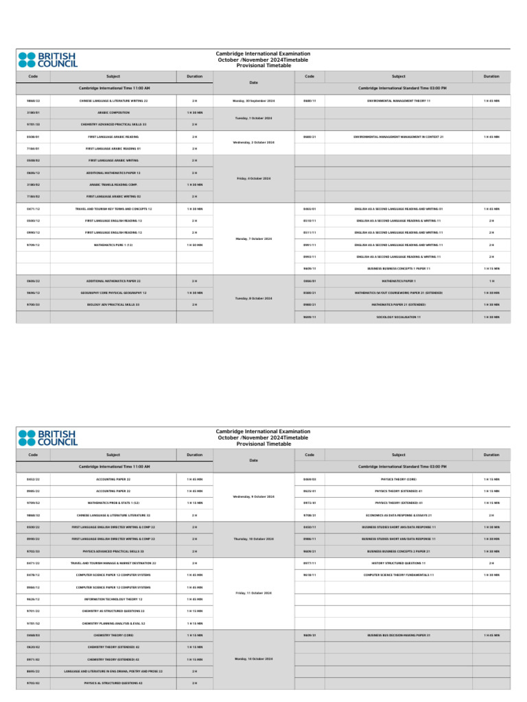Cambridge A Levels Oct/Nov 2024 Timetable | PDF | Science | Mathematics