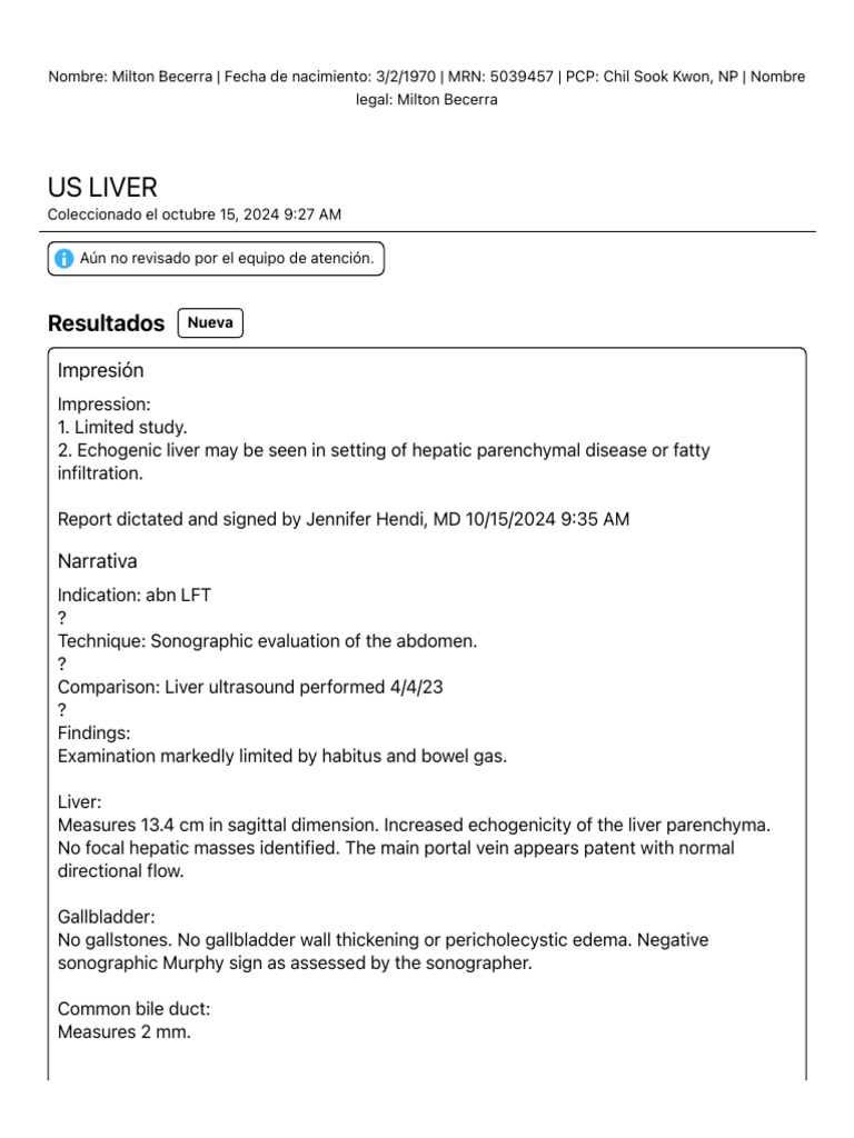 Liver Ultrasound Report: Echogenic Liver | PDF