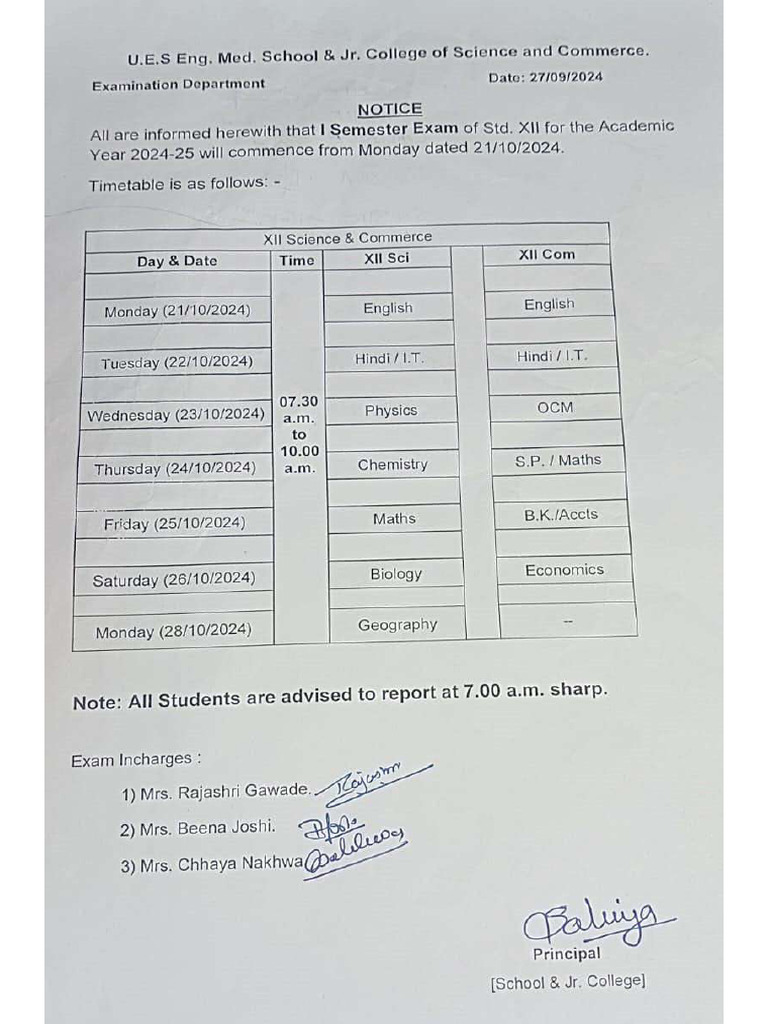 SEM I EXAM TimeTable (XII) | PDF