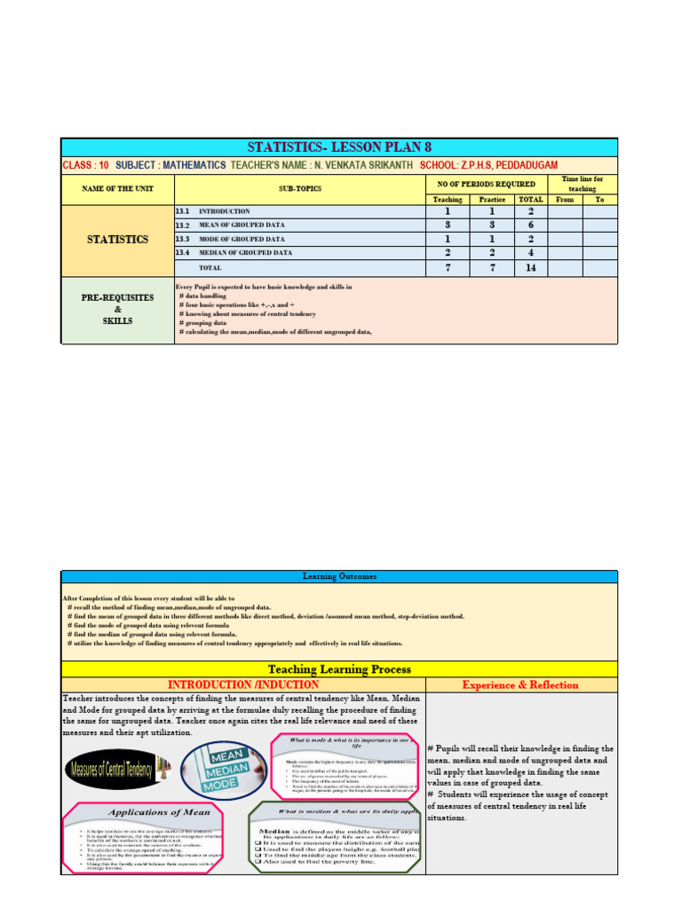10th lesson plan_ Statistics | PDF | Mean | Median