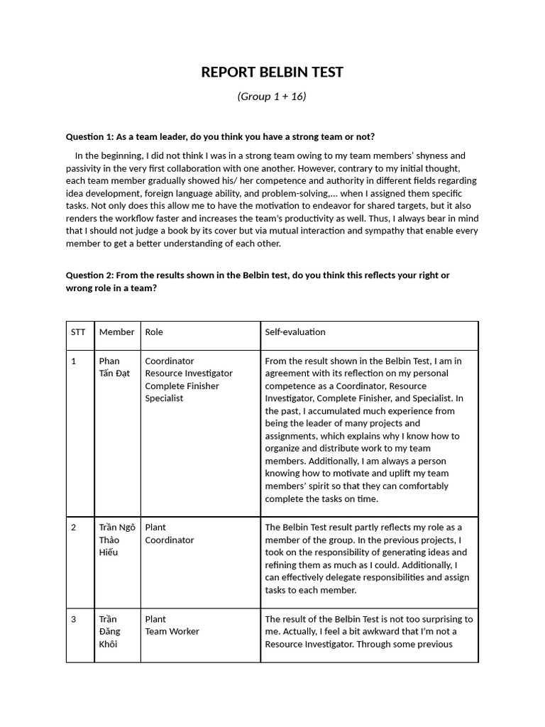 Belbin Test Report (Group 1+16) | PDF | Thought | Behavior Modification