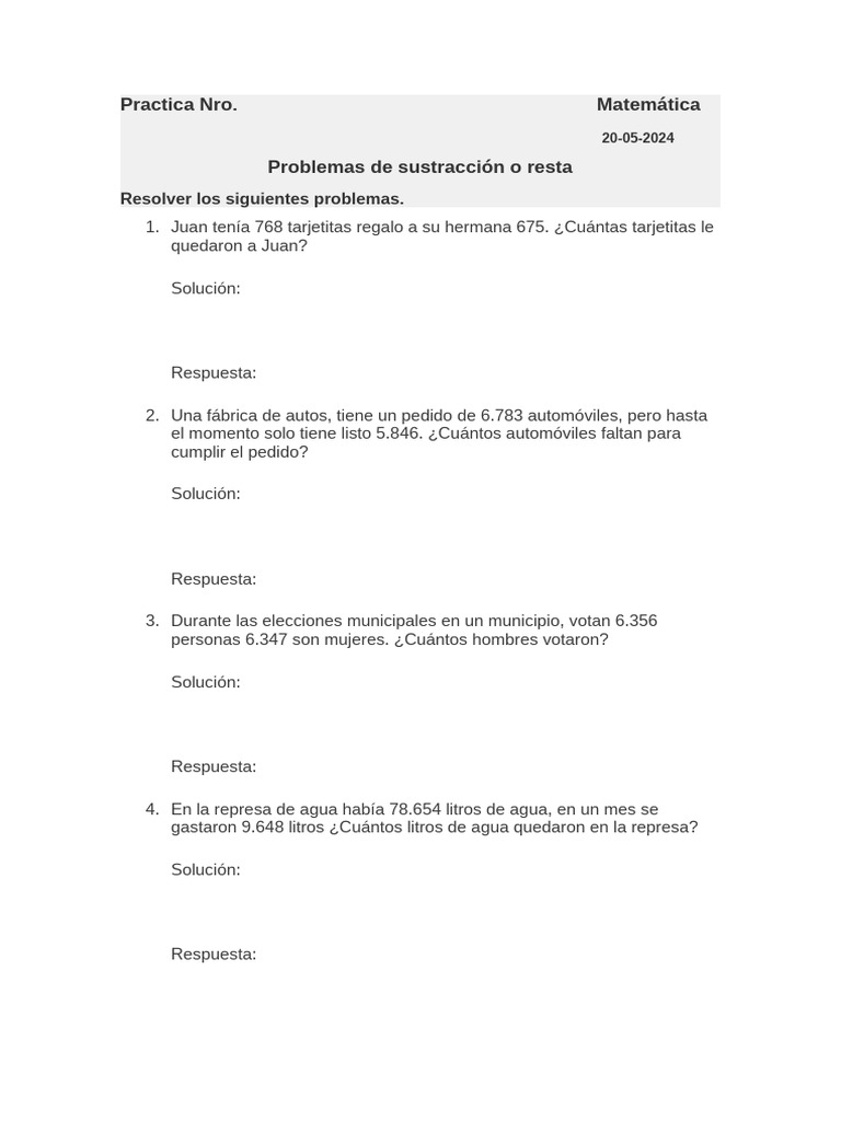 Problemas de Sustraccion 3ro | PDF