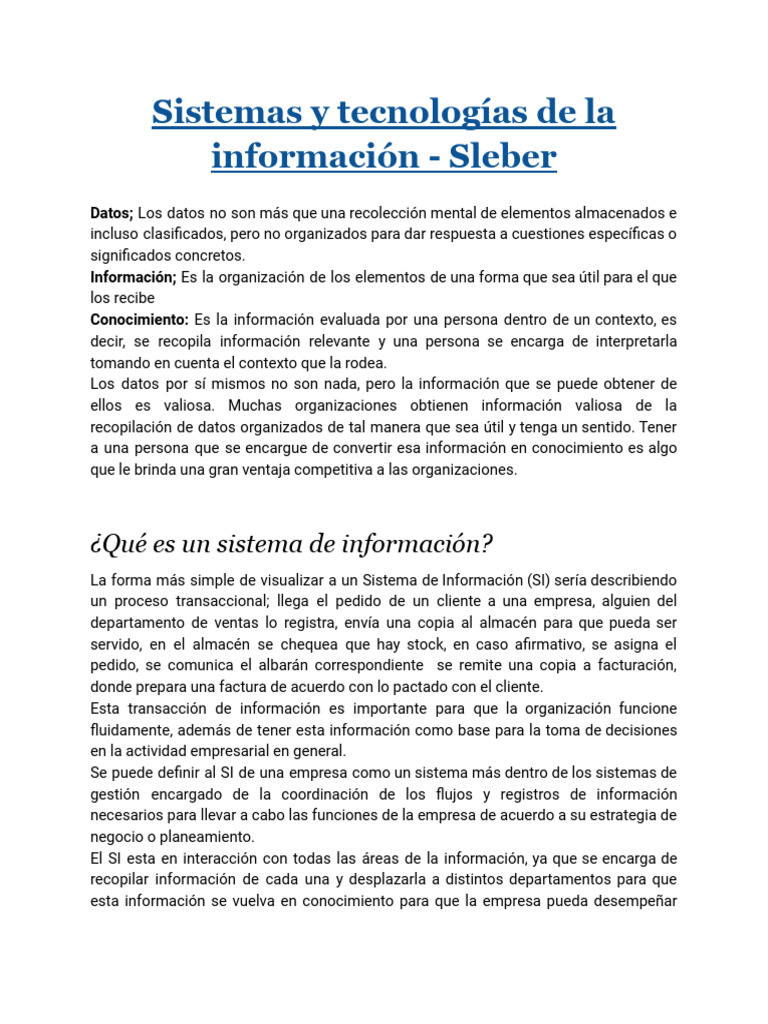Sistemas y Tecnologías de La Información - Sleber U2 | PDF | Toma de ...