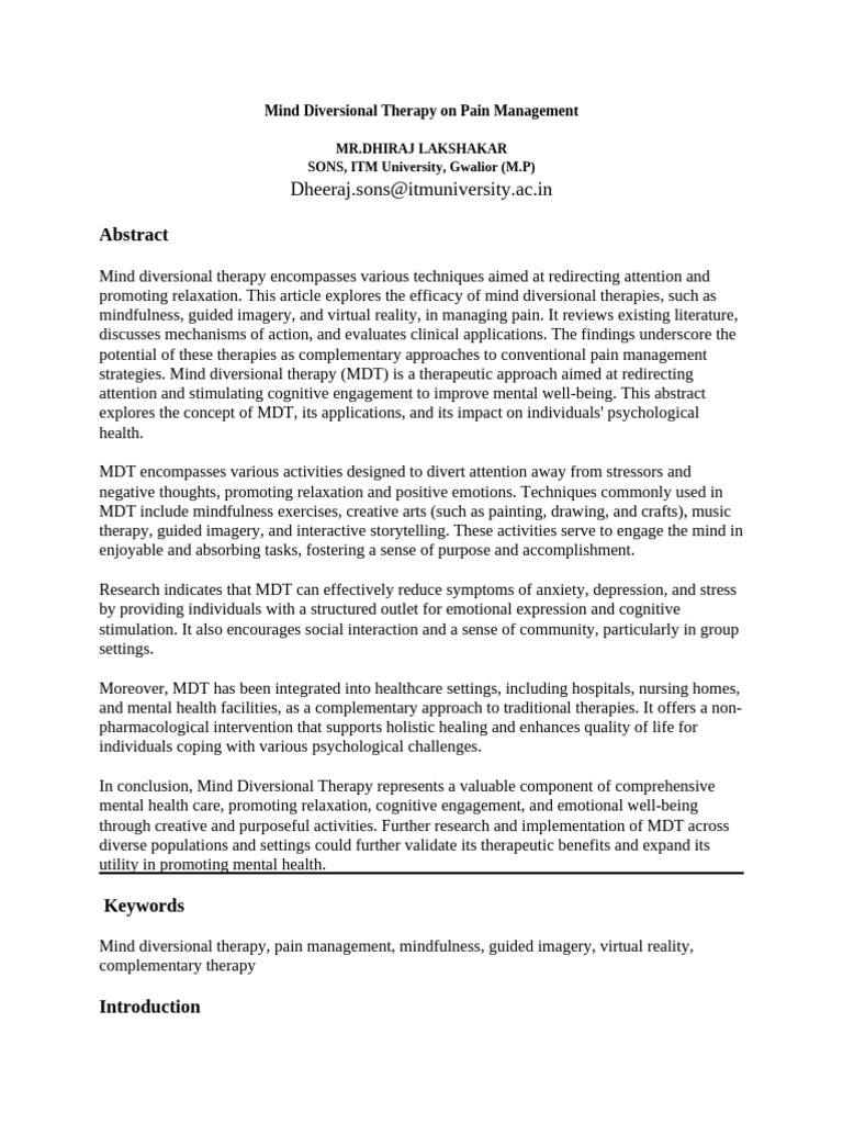 Mind Diversional Therapy On Pain Management | PDF | Pain Management ...