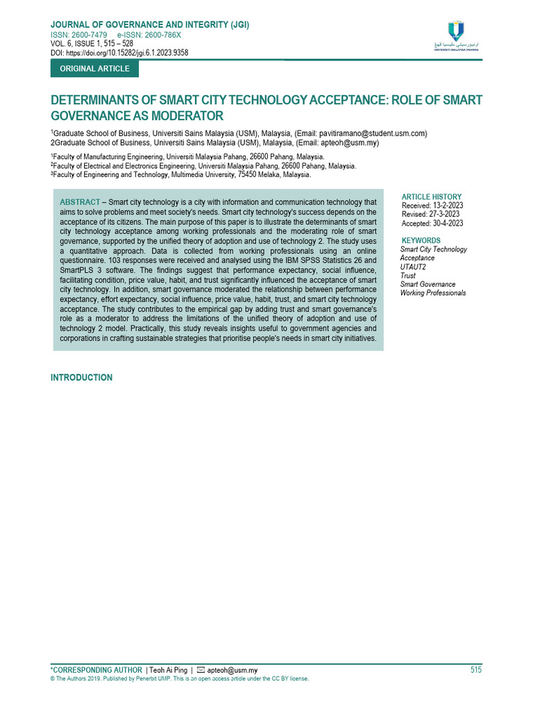Determinants of Smart City Technology Acceptance: Role of Smart ...