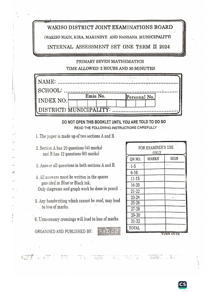 Wakiso Joint Mocks Examinations Board Primary Seven Mathematics Past ...