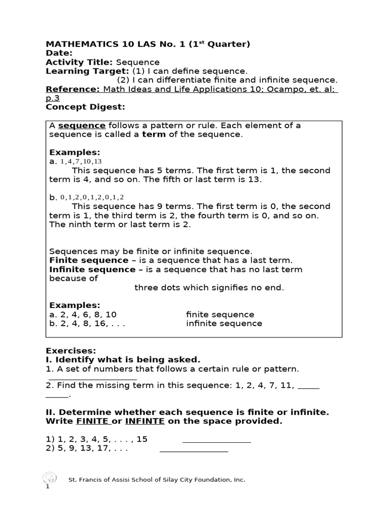 Mathematics 10 LAS First Quarter S.Y. 2022-2023 (Pp. 1-4 & Pp. 5-7) | PDF | Sequence | Mathematics