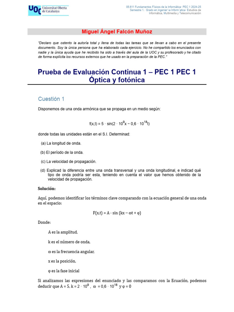 PEC1 MiguelAngelFalconMunoz | PDF | Fibra óptica | Reflexión (Física)