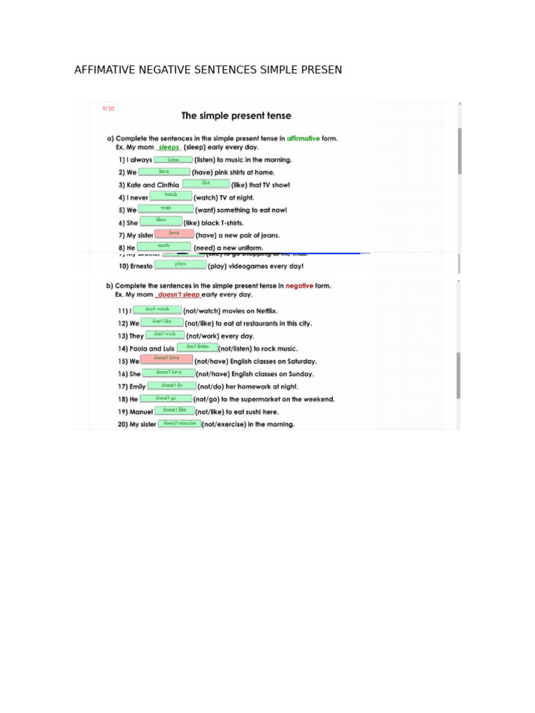 Affimative Negative Sentences Simple Presen | PDF