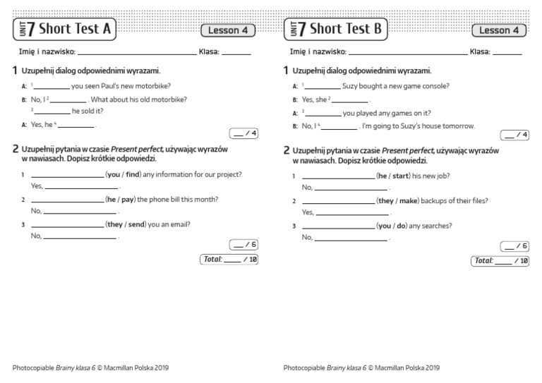 Short Test A Short Test B: Lesson 4 Lesson 4 | PDF