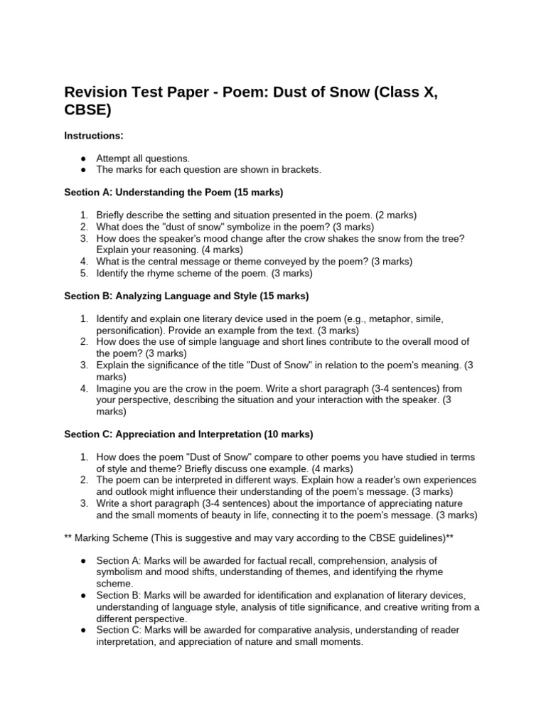 Dust of Snow: Class X Revision Test | PDF | Poetry | Metaphor