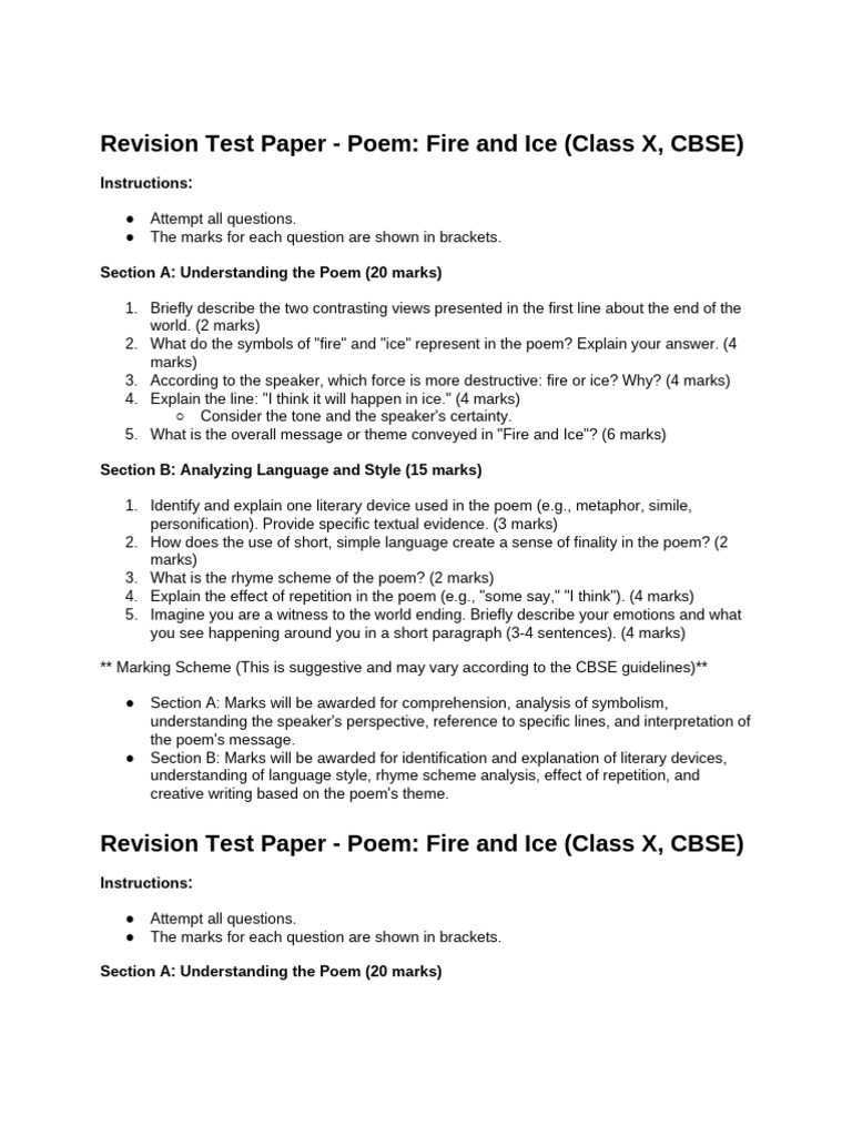 Revision Test Paper - Poem - Fire and Ice (Class X, CBSE) | PDF ...