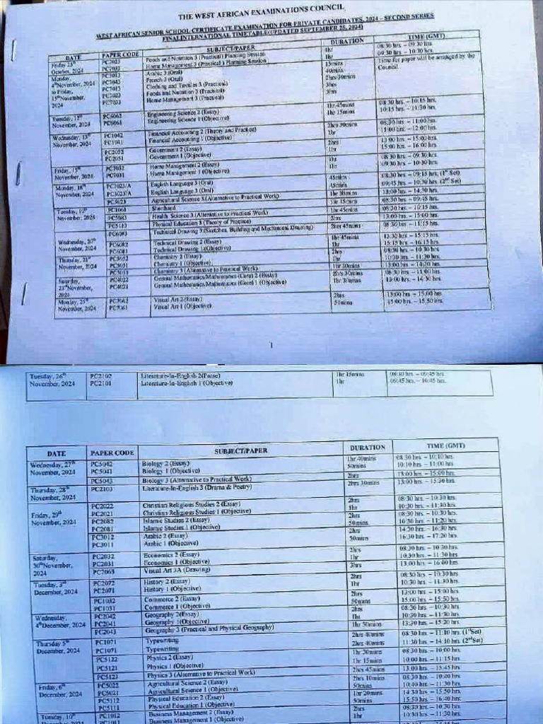 Wassce PC (Novdec) Timetable - 2024 | PDF
