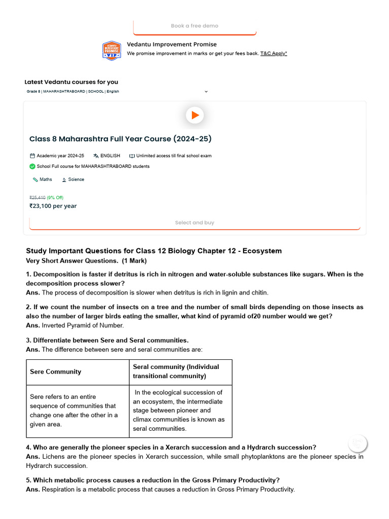 Important Ecosystem Questions for Class 12 | PDF | Food Web | Ecosystem