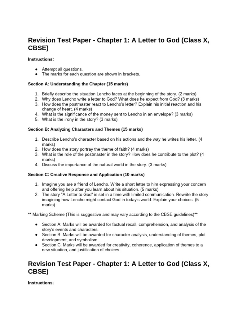 Revision Test Paper - Chapter 1 - A Letter To God (Class X, CBSE) | PDF ...