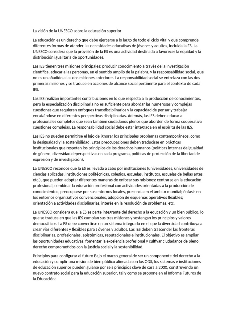 Visión de la UNESCO sobre Educación Superior | PDF | Aprendizaje ...