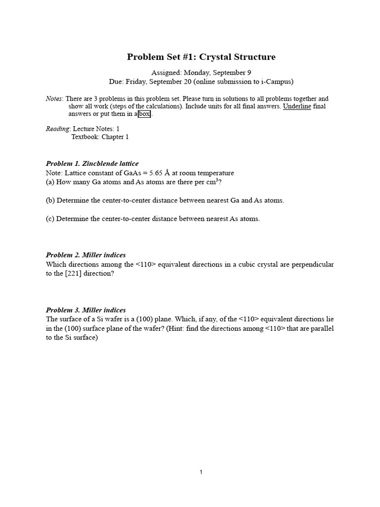 Crystal Structure Problem Set 1 | PDF