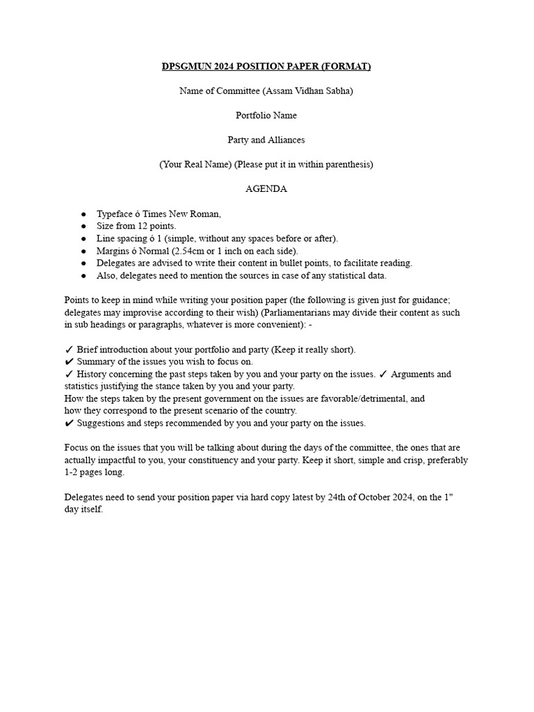 Dpsgmun 2024 Position Paper (Format) | PDF | Business | Politics