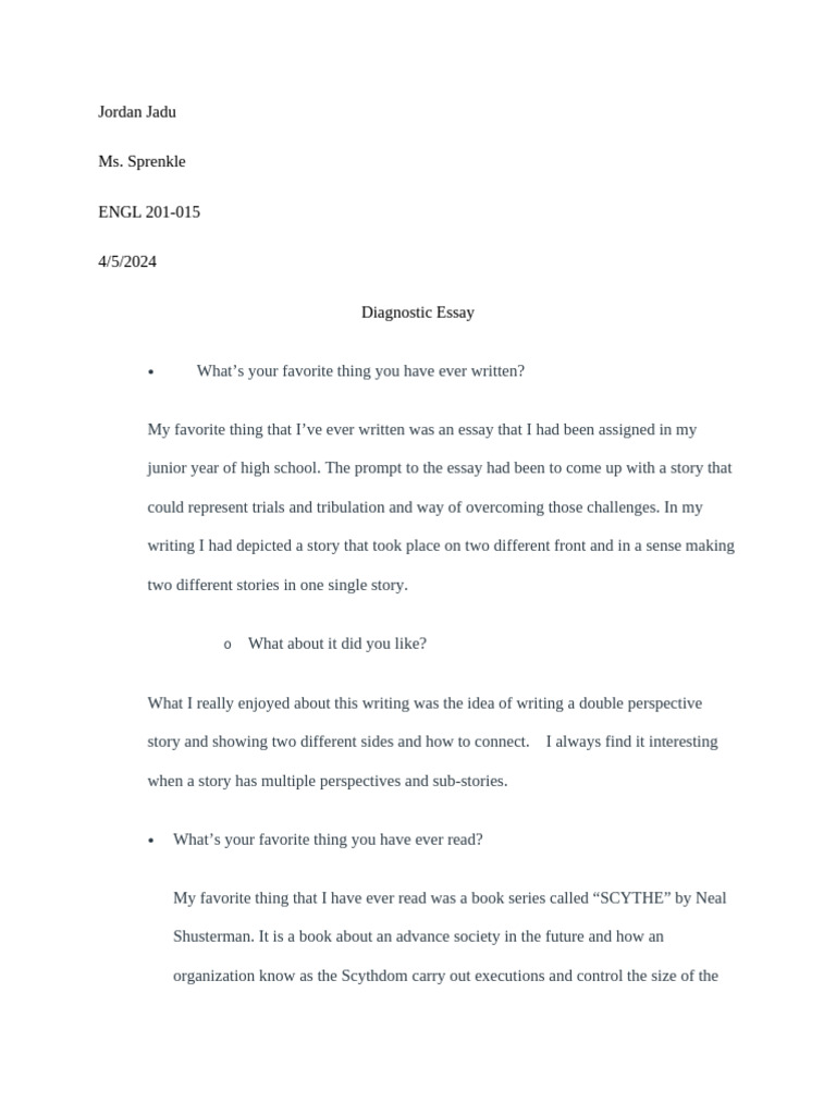 Jordan Jadu Diagnostic Essay | PDF
