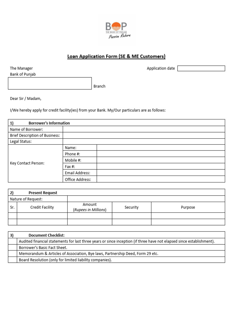 Loan Application Form for BOP Customers | PDF | Banks | Loans