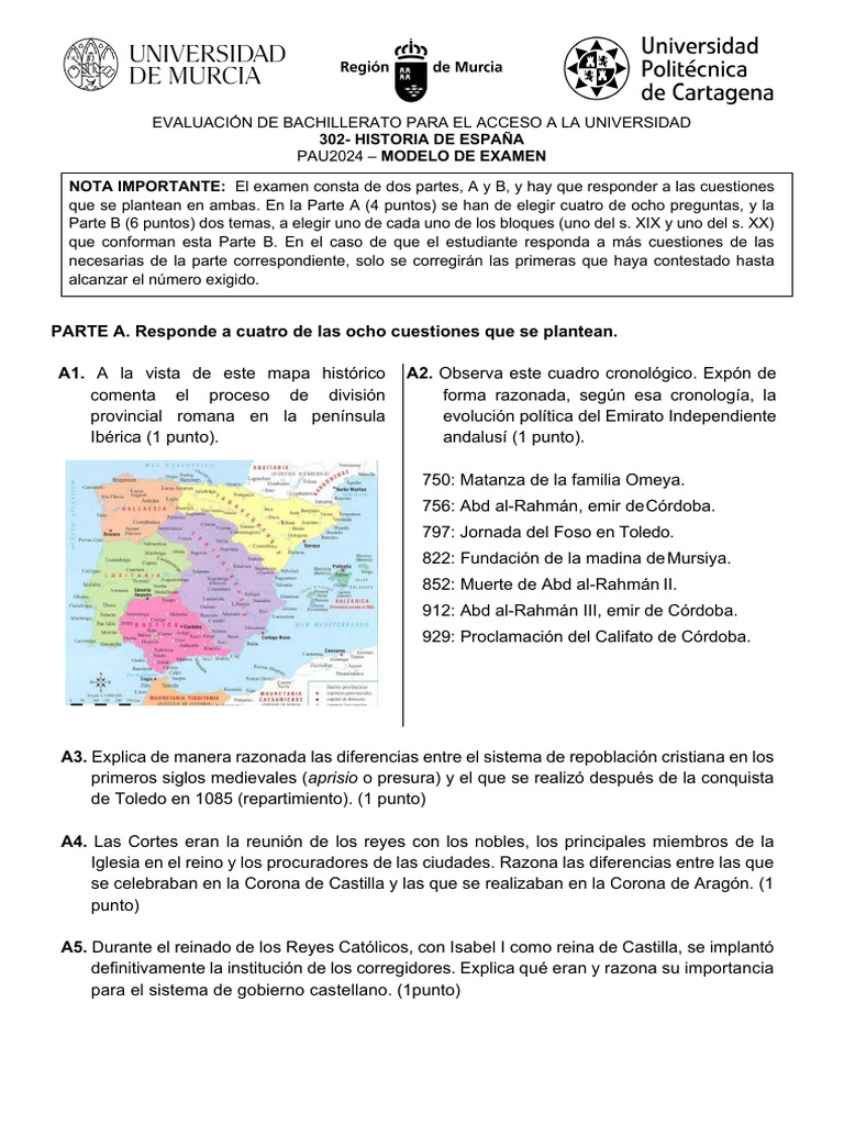 Modelo Examen Historia España PAU 2024 | PDF | España