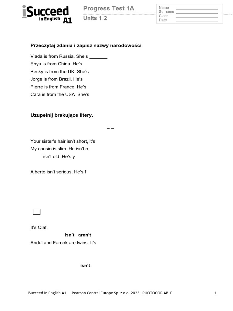 Isucceed A1 Tests ProgressTest 1 Group A | PDF | Wellness
