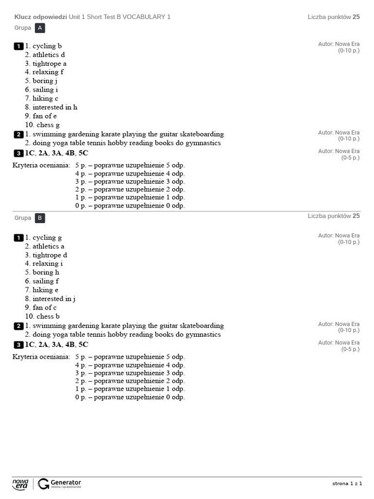 Unit 1 Short Test B VOCABULARY 1 Klucz Odpowiedzi | PDF