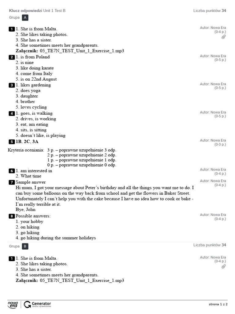 Unit 1 Test B Answer Key | PDF