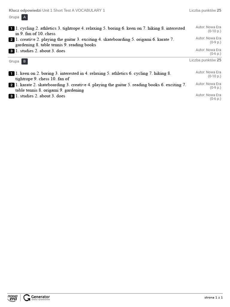 Unit 1 Short Test A VOCABULARY 1 Klucz Odpowiedzi | PDF