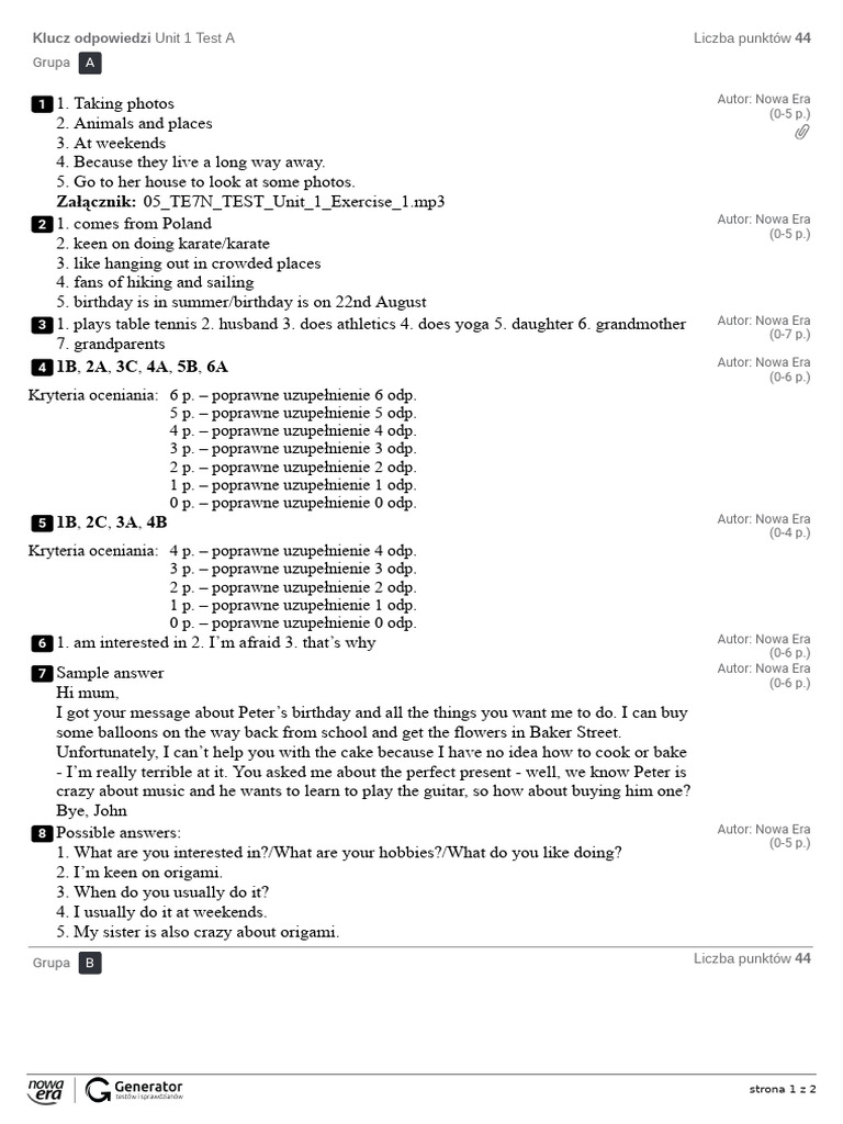 Unit 1 Test A Klucz Odpowiedzi | PDF