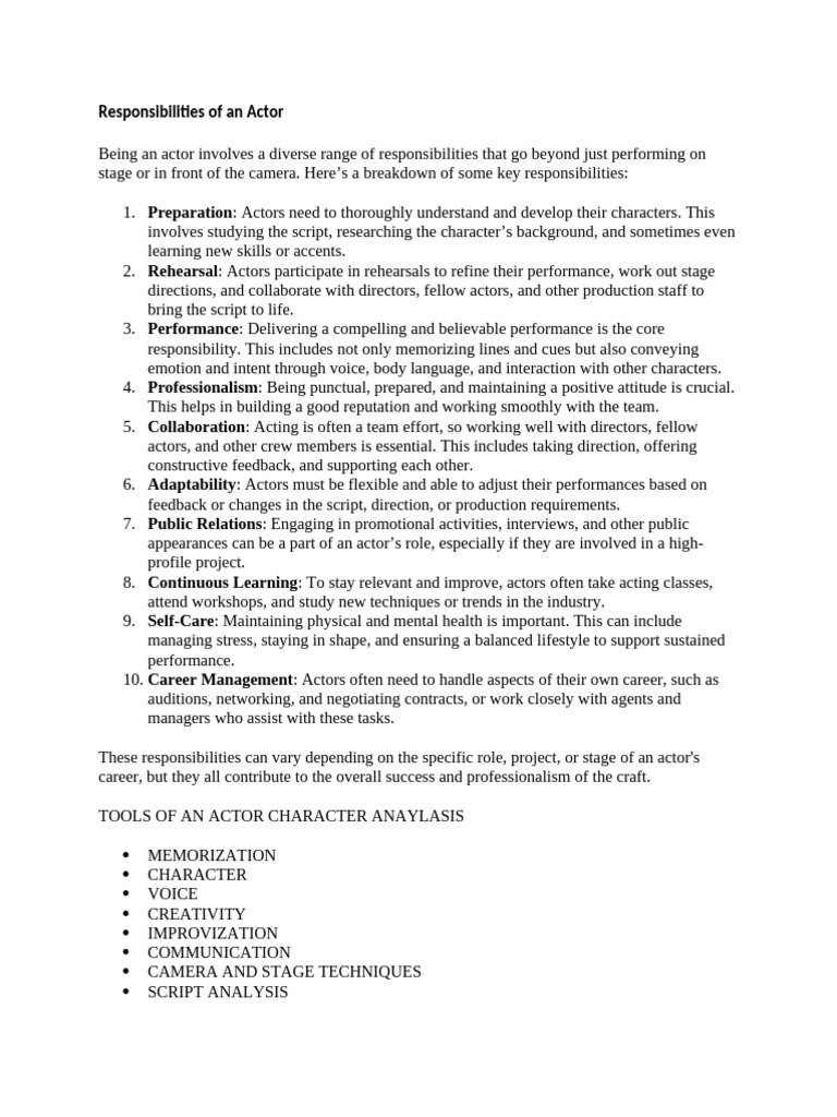 Actor Responsibilities in Theatre | PDF | Creativity | Memory