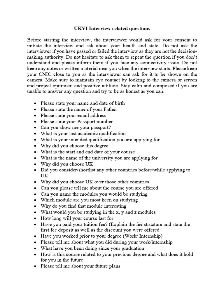 2024 UKVI Interview Related Questions | PDF | Fee | Visa Inc.