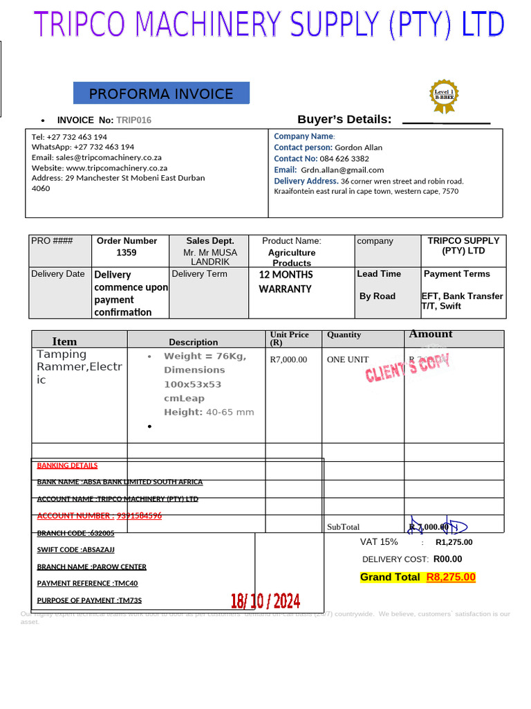 Tripco Machinery Pro-Forma | PDF | Invoice | Accounting