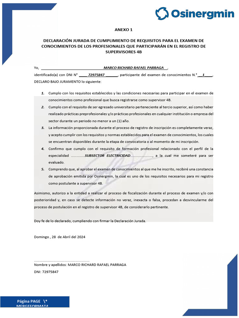 Osinergmin Anexo 1 DJ Cumplimiento Requisitos | PDF | Crecimiento personal y profesional