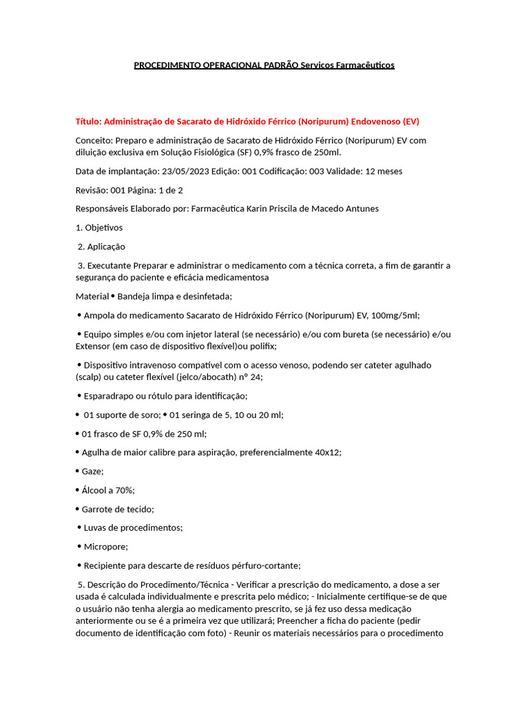 PROCEDIMENTO OPERACIONAL PADRÃO_APLICAÇÂO EV NORIPURUM | PDF | Ferro ...