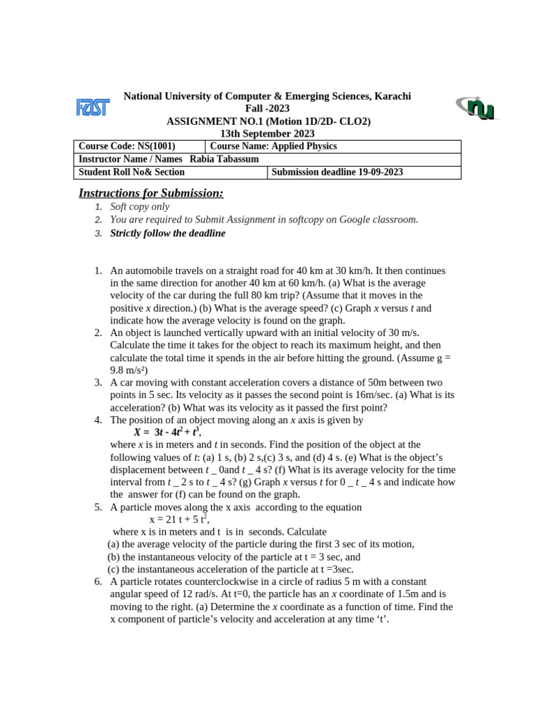 Assignment-1 | PDF | Acceleration | Velocity