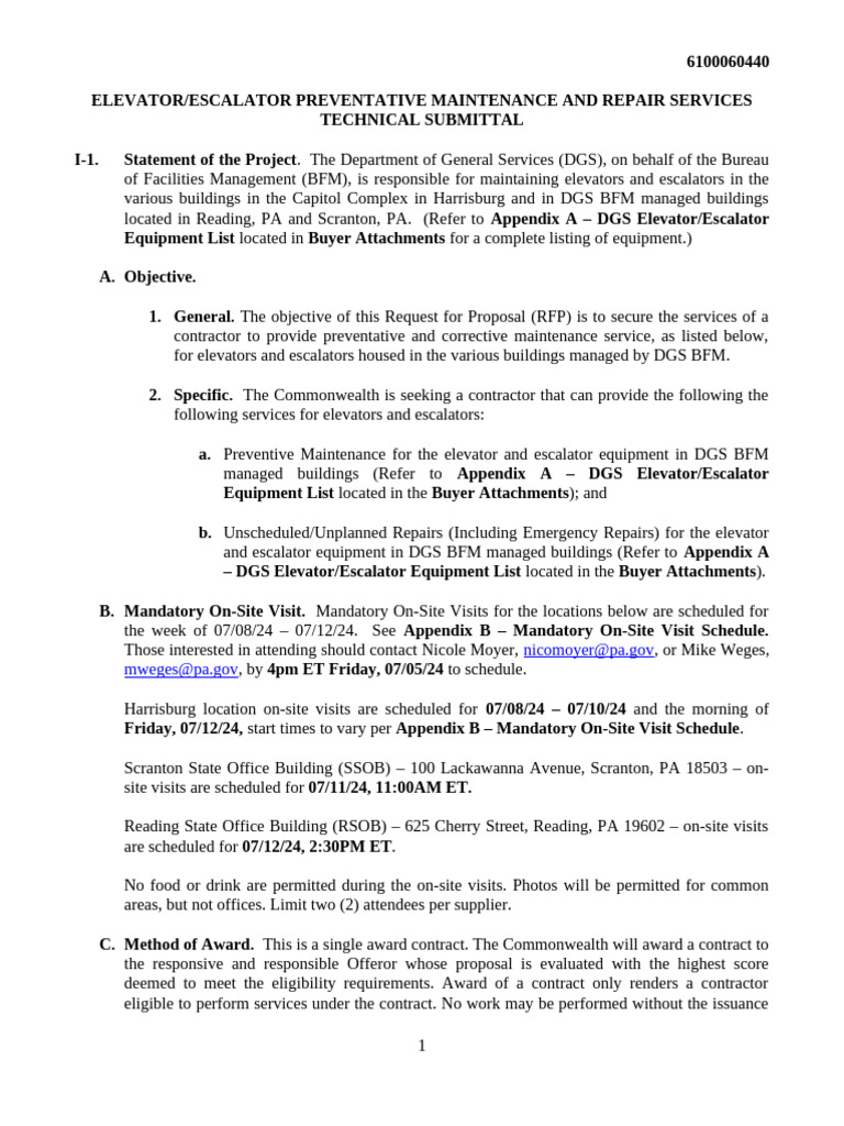 01 DGS Elevator Maintenance Technical Submittal_Final | PDF | Elevator | Offer And Acceptance