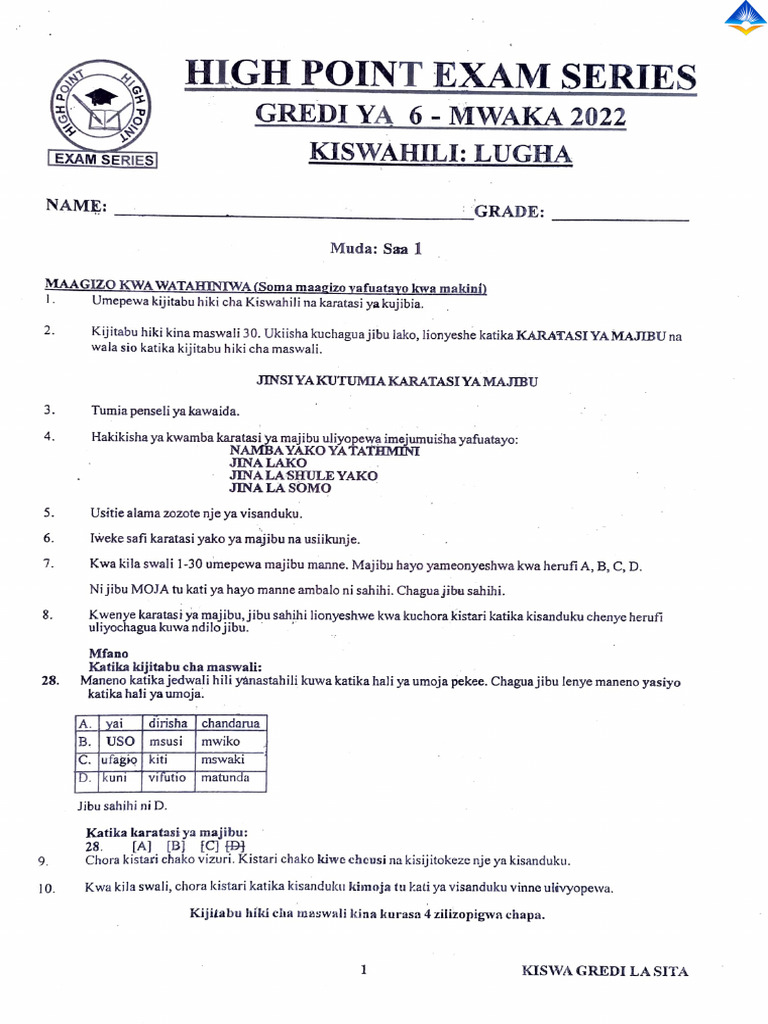 Grade 6 KPSEA Replica High Point Kiswahili | PDF