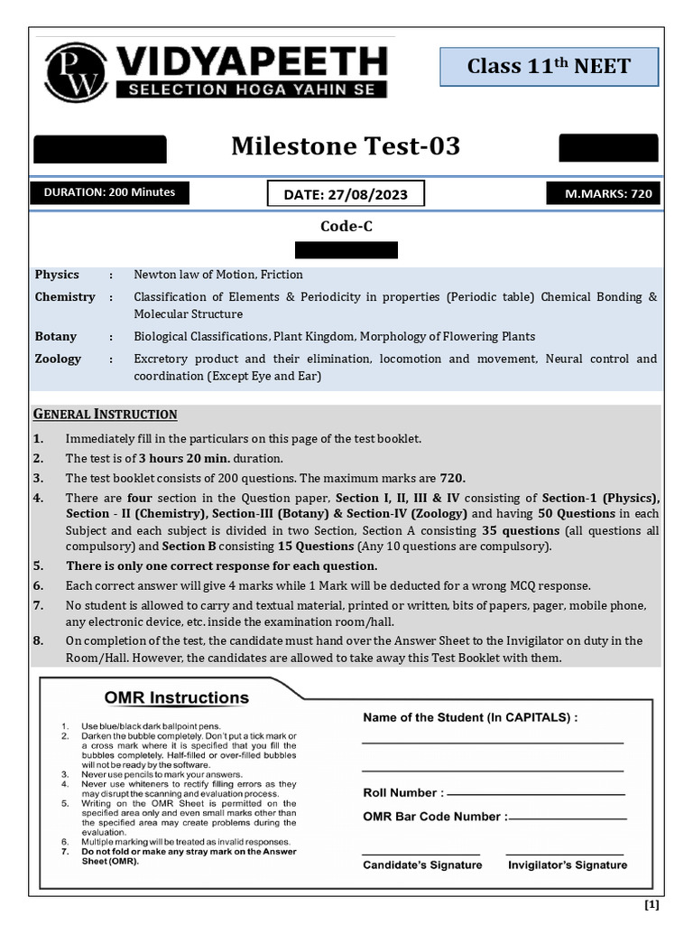 Milestone Test - 03 - Test Paper and Test Answer Key | PDF | Force ...