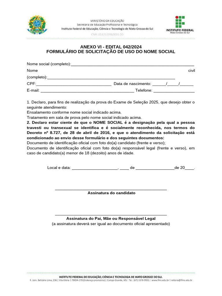 Estudante Exame de Selecao 2025 Tecnico Integrado Edital 042 2024 Anexo Vi Formulario para ...