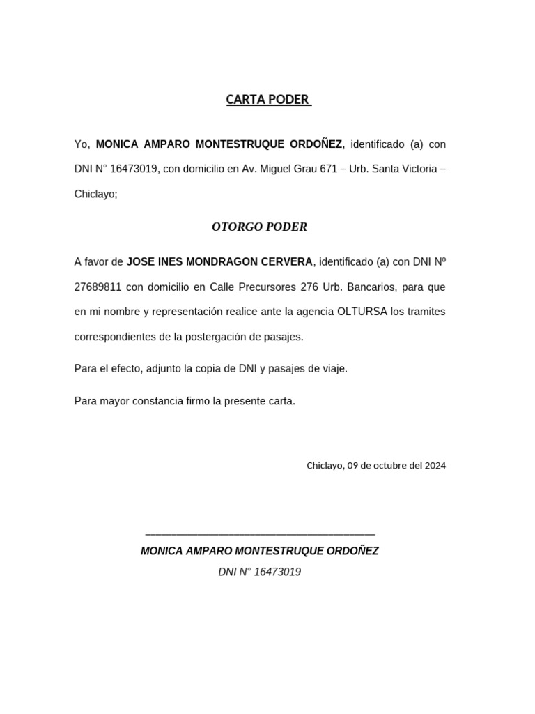Carta Poder para Tramitar Pasajes | PDF