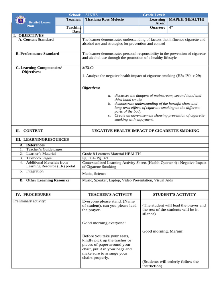 HEALTH LESSON PLAN Cigarette Smoking | PDF | Tobacco Smoking | Addiction