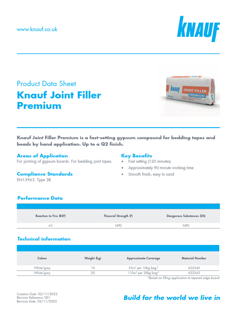 Knauf Joint Filler Premium Product Data Sheet | PDF | Drywall | Materials