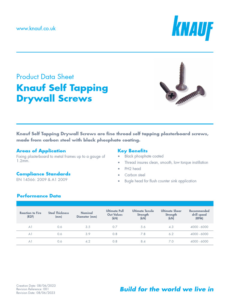 Knauf Self Tapping Drywall Screws Product Data Sheet | PDF | Drywall ...