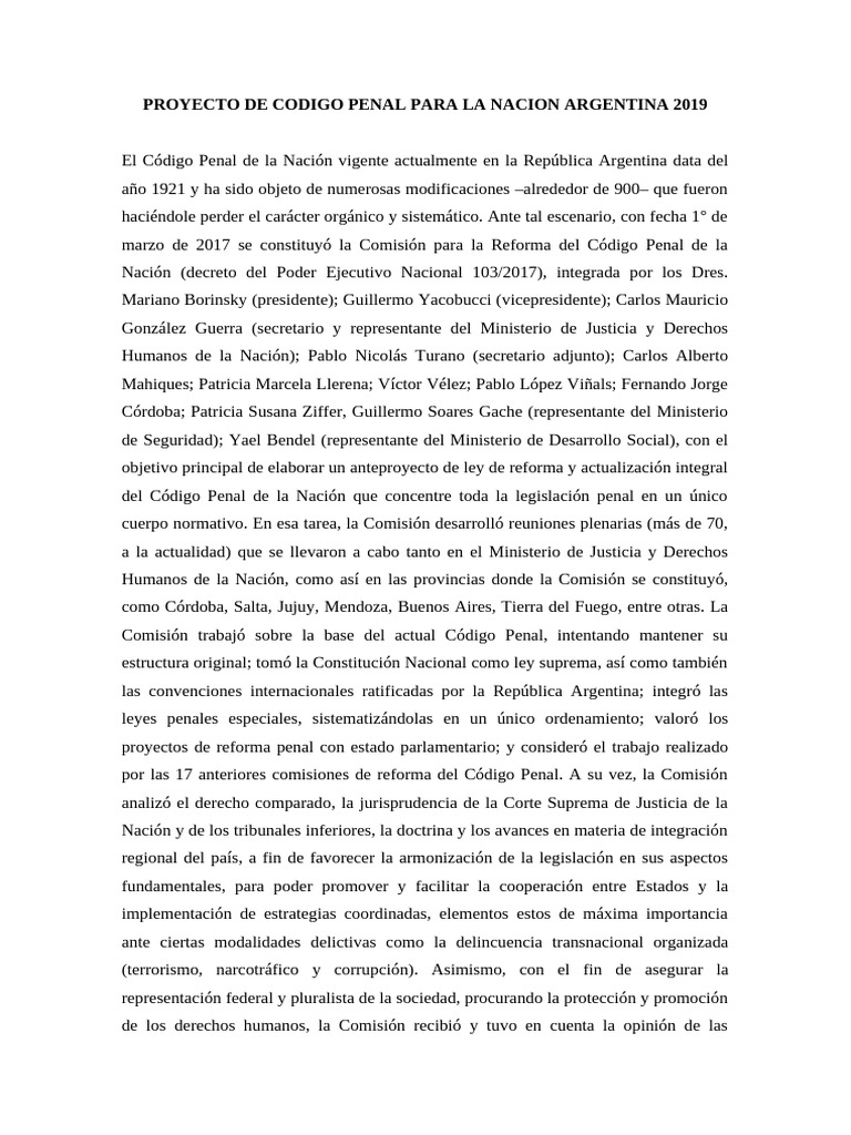 Proyecto de Codigo Penal Para La Nacion Argentina 2019 | PDF | Derecho penal | Ministerio ...